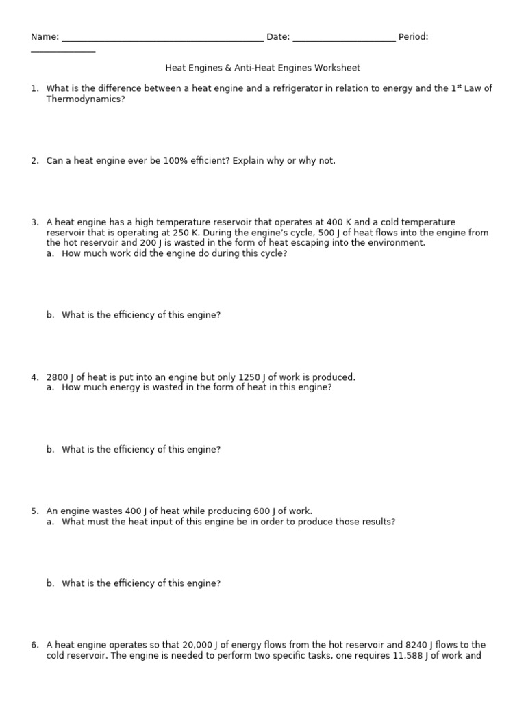 Heat Engines & Efficiency Analysis Worksheet | PDF