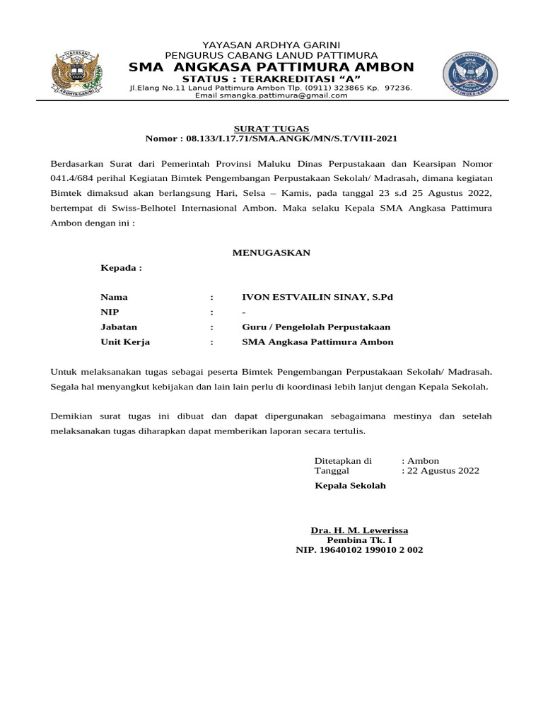 Surat Tugas Bimtek Perpustakaan SMA Angkasa | PDF