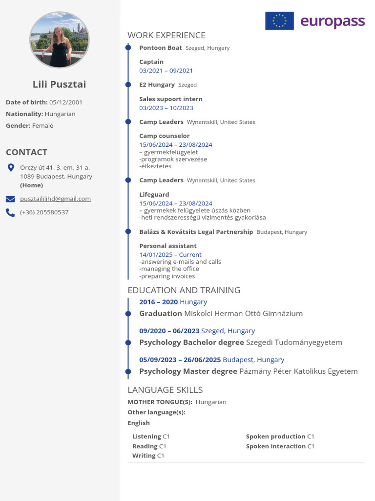 Pusztai Lili CV Angol. 2025 | PDF