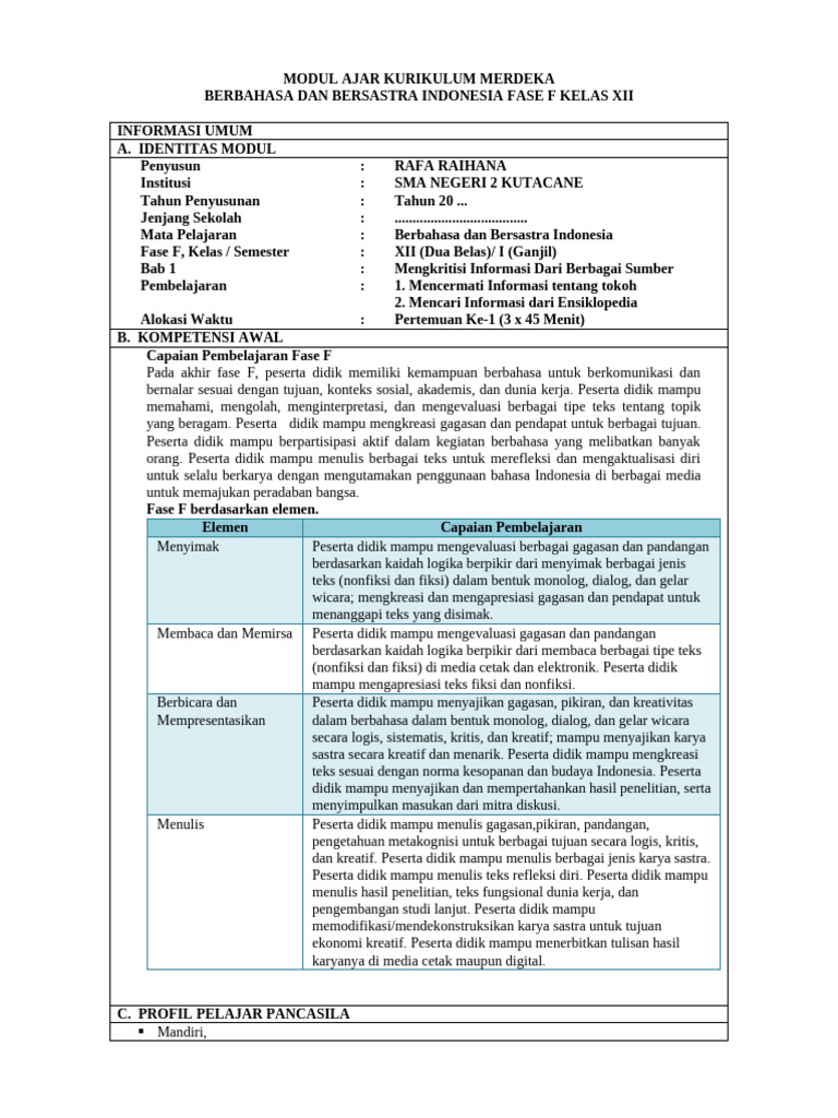 RPP Bahasa Indonesia Kelas X Kumer | PDF