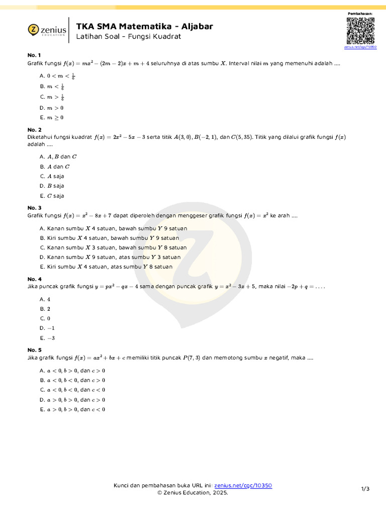 Latihan Soal TKA Fungsi Kuadrat | PDF