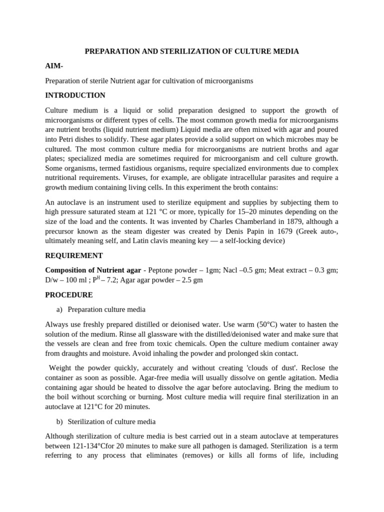 Culture Media Preparation and Sterilization | PDF | Growth Medium ...