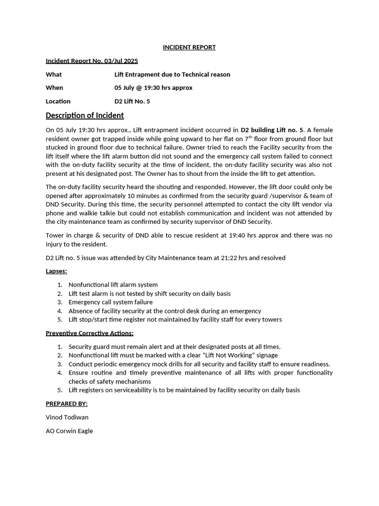 Elevator Entrapment Incident Report | PDF