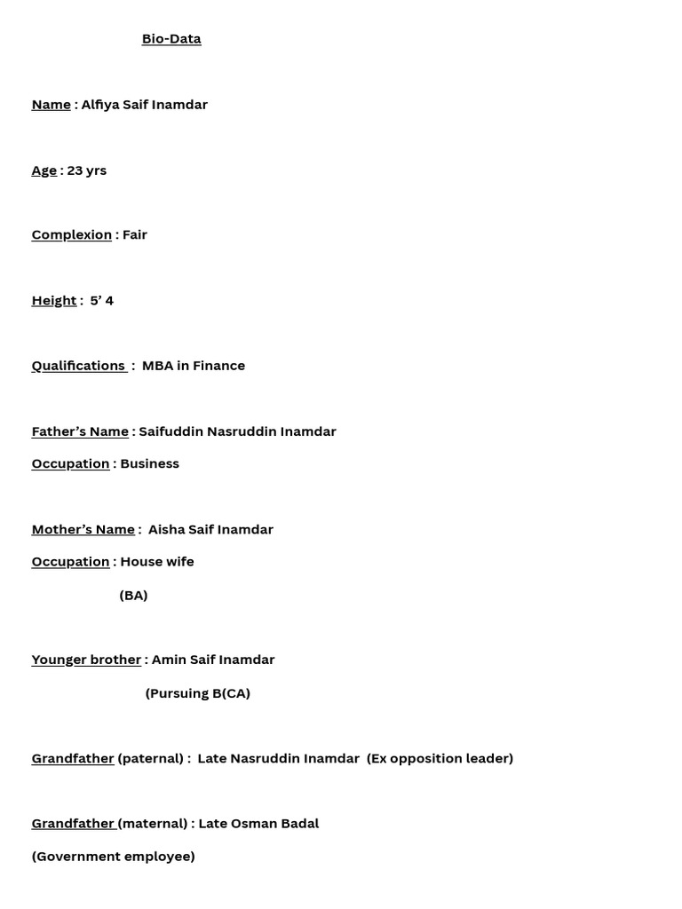 Alfiya Saif Inamdar Bio-Data Summary | PDF