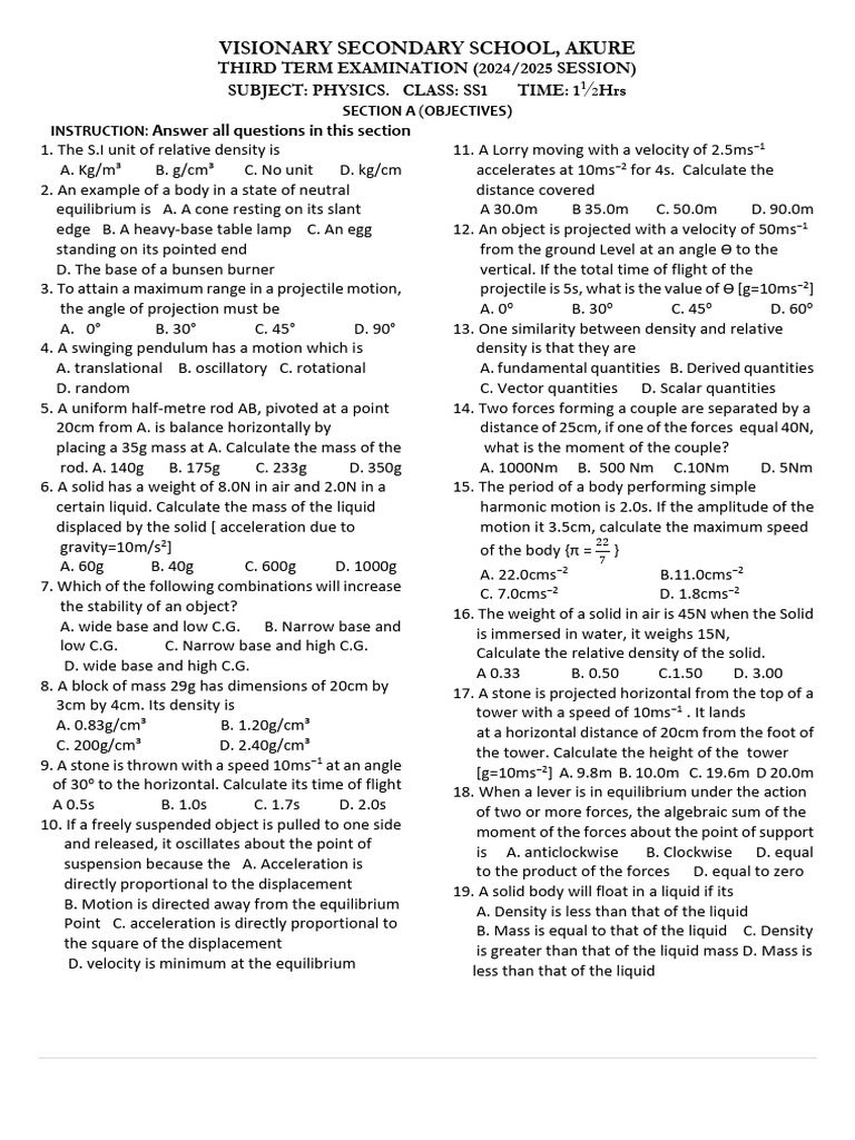 Physics Exam SS1 3rd TERMpdf | PDF | Force | Motion (Physics)