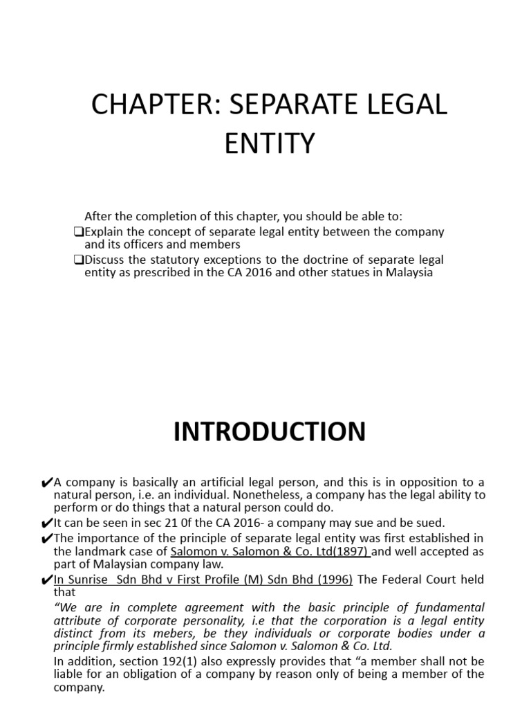 Chapter Separate Legal Entity | PDF | Legal Liability | Piercing The ...