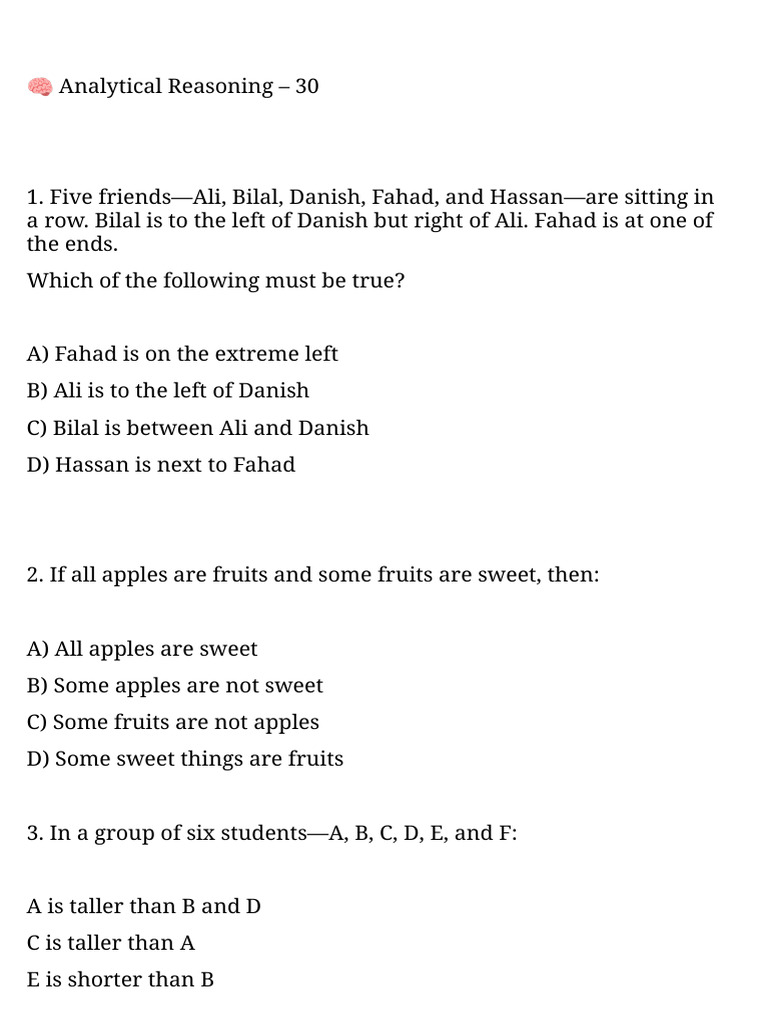 Analytical Reasoning Practice Questions | PDF