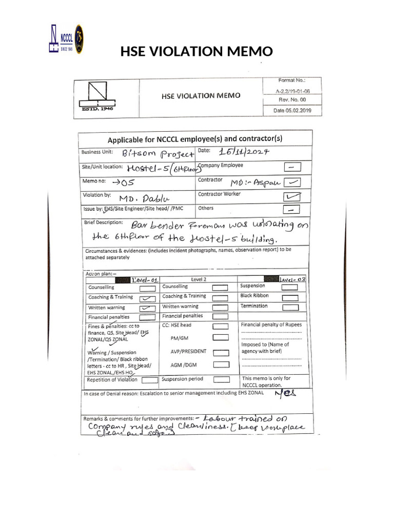 Hse Violation Memo - 05 | PDF
