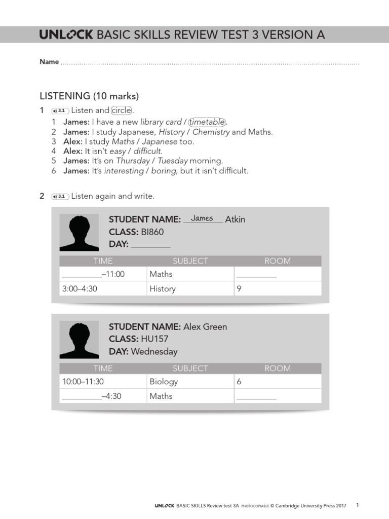 Basic Skills Review Test Unit 3 Version A | PDF