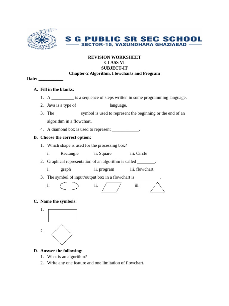 Revision Worksheet CH 2 Class 6 | PDF