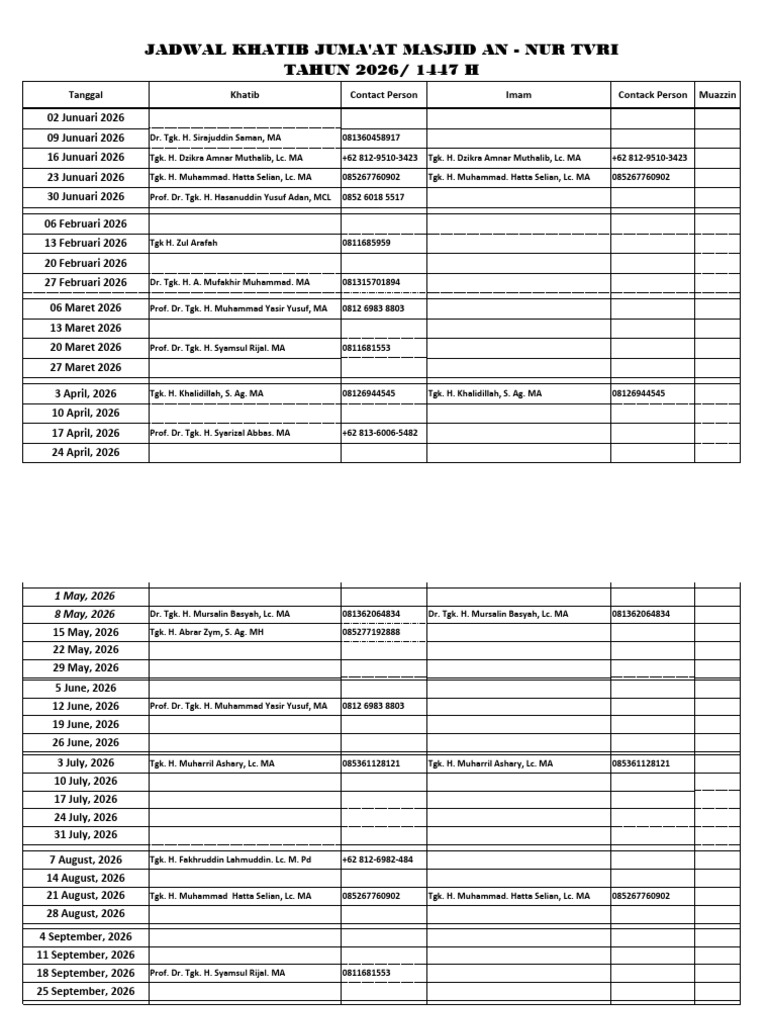 Jadwal Khutbah Jumat 2026 Masjid An-Nur | PDF