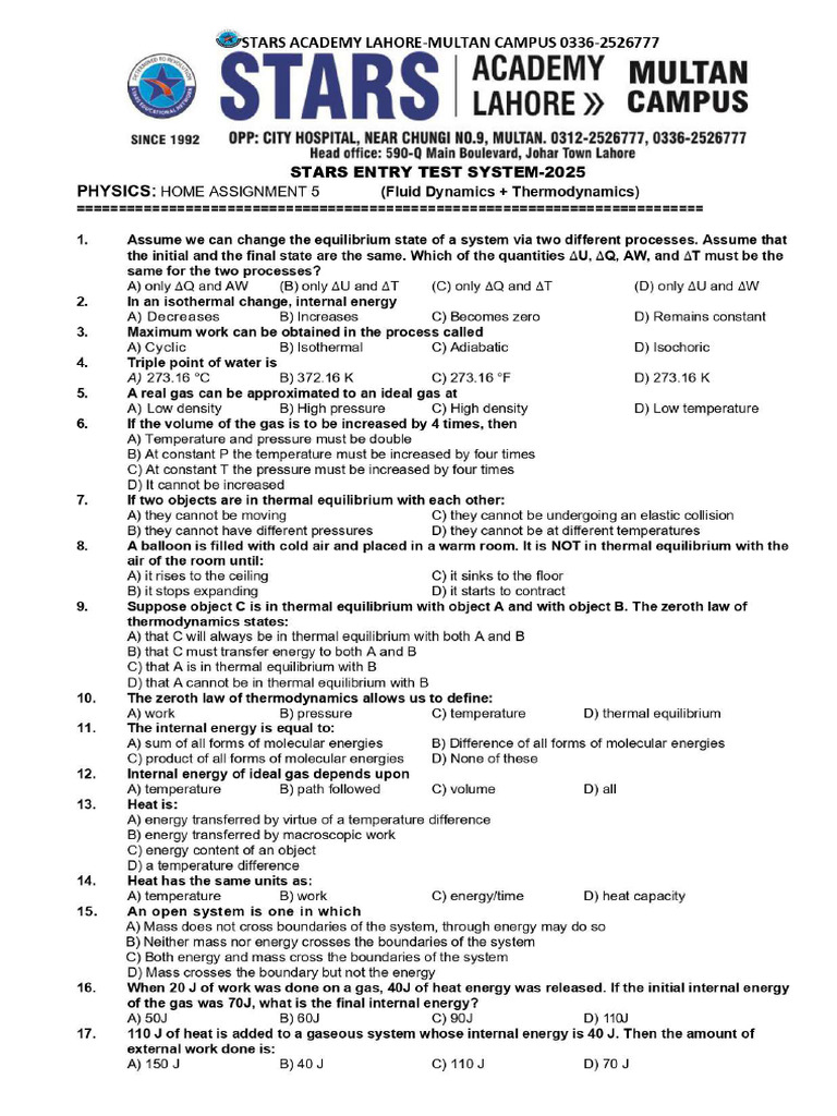 Assignment 5 Thermodynamics + Fluid Dynamics 2025+without Key - Page ...