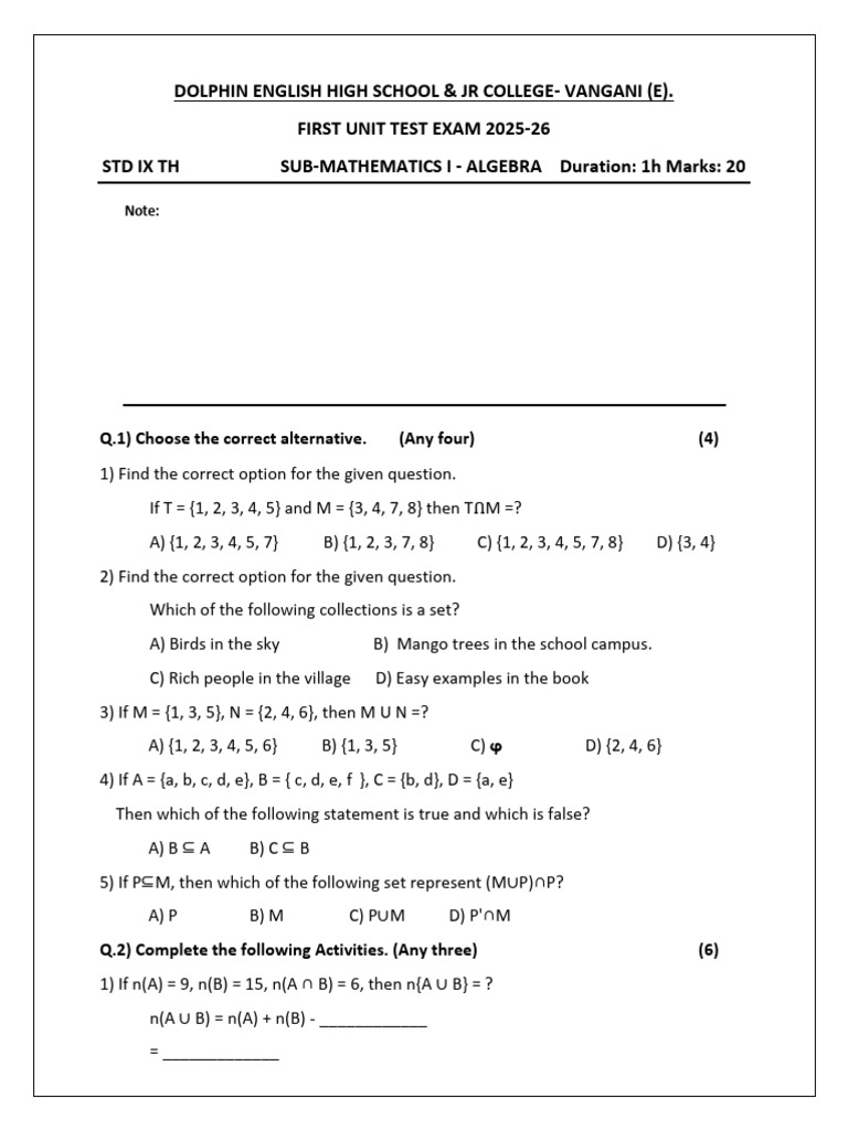 Ix STD Question Paper Unit 1 ALG FINAL 2 | PDF