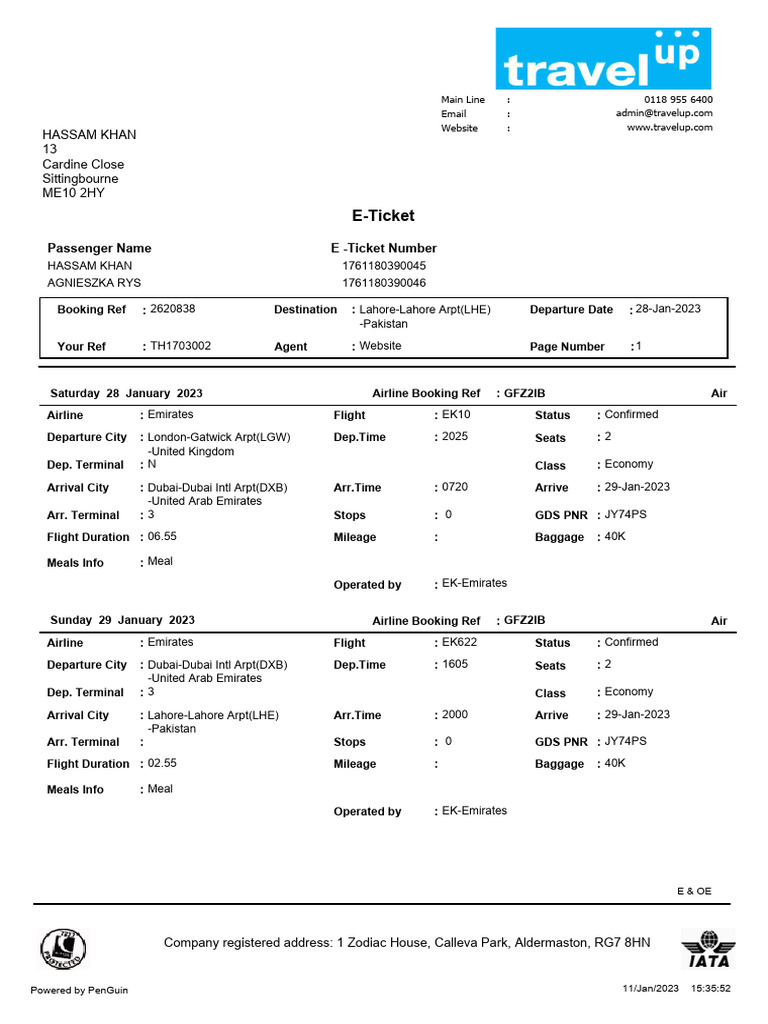 E-Ticket Booking Ref JY74PS Folder No. 2620838 | PDF | Emirates ...
