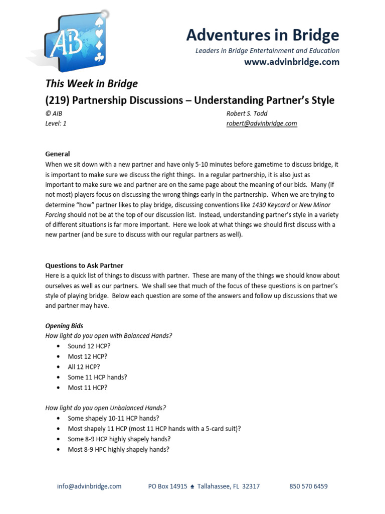 Partnership Questions Style | PDF | Contract Bridge