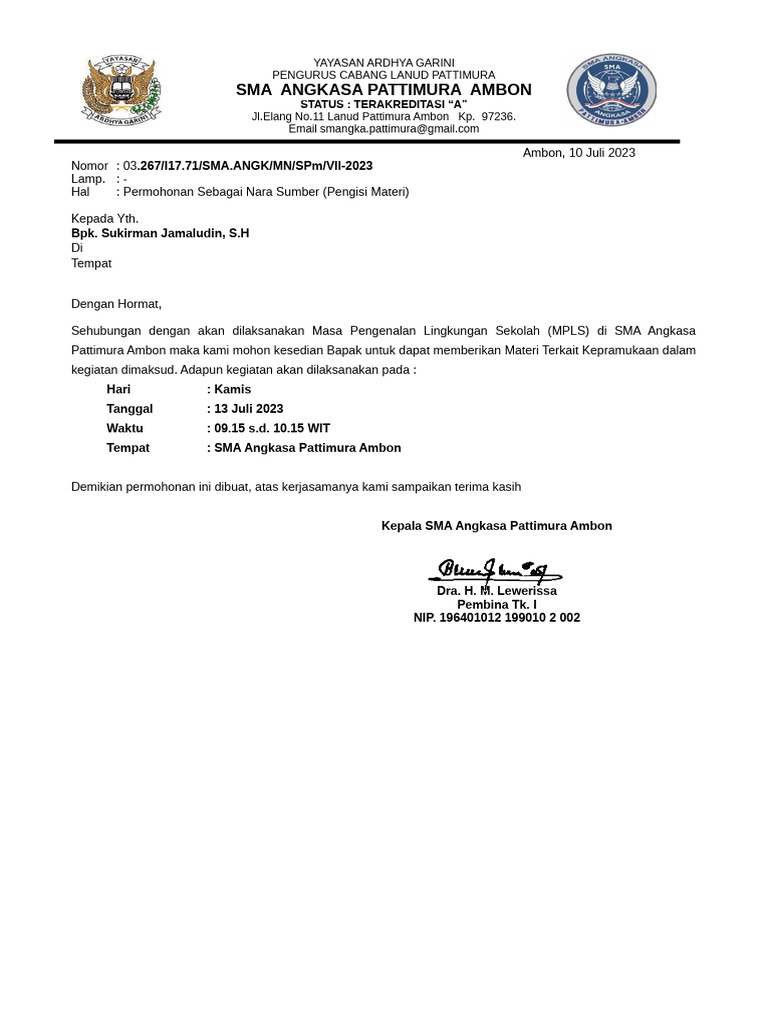 Permohonan Nara Sumber MPLS SMA Angkasa | PDF