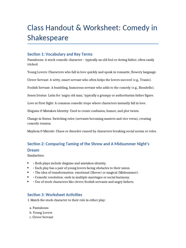 Shakespeare Comedy Worksheet | PDF