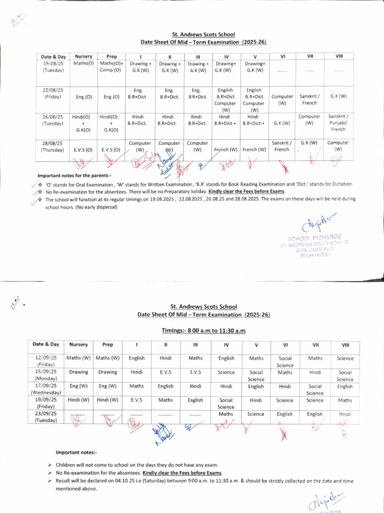 Date Sheet of Mid - Term Examination (2025-26) - 06-Aug-2025 | PDF