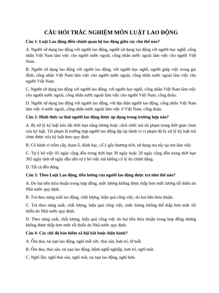Trac Nghiem Luat Lao Dong 2019 | PDF