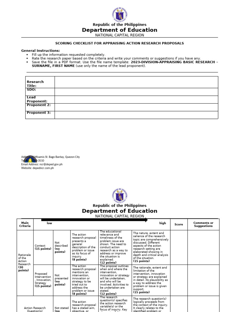 QMS - Scoring Checklist For Appraising Action Research Proposals | PDF | Inquiry | Science