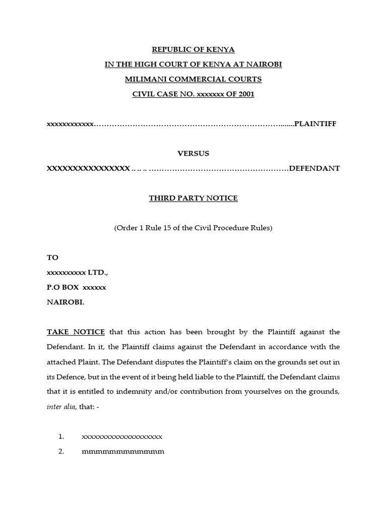 Third Party Notice in Civil Case Kenya | PDF