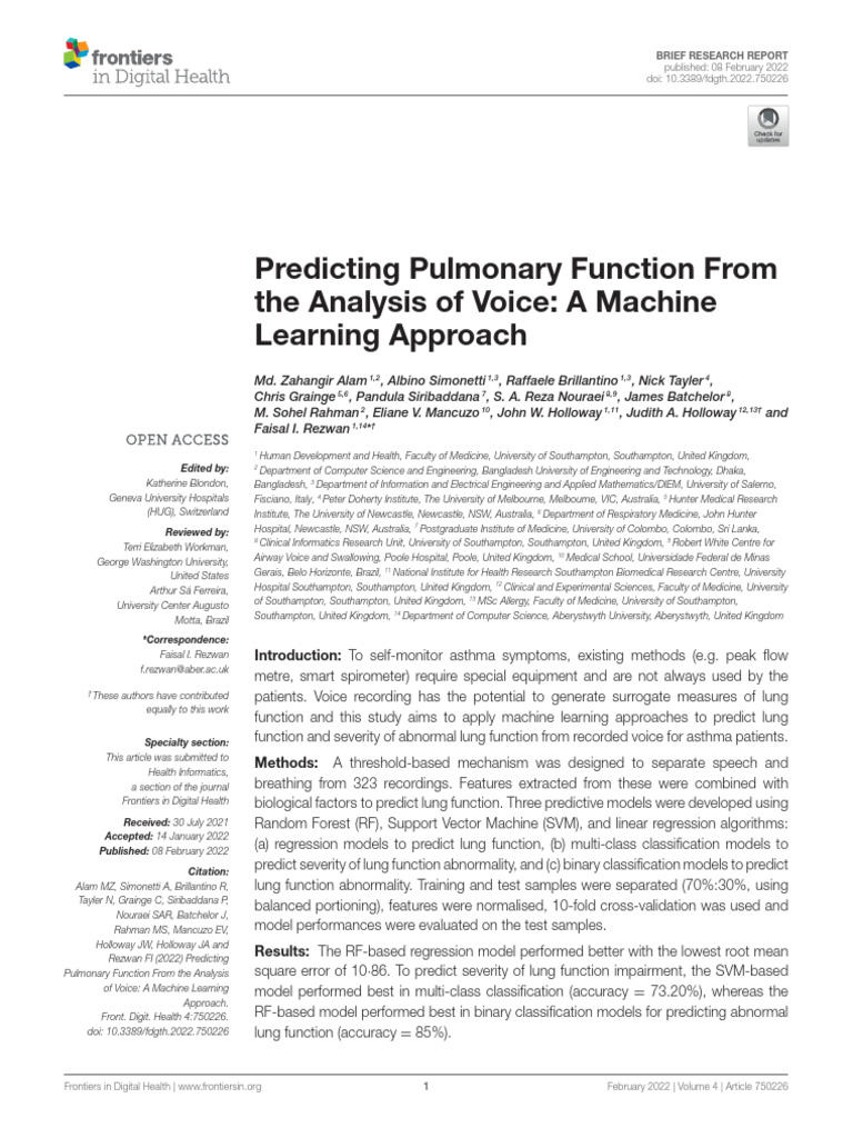 Voice Analysis for Lung Function Prediction | PDF | Asthma | Support ...