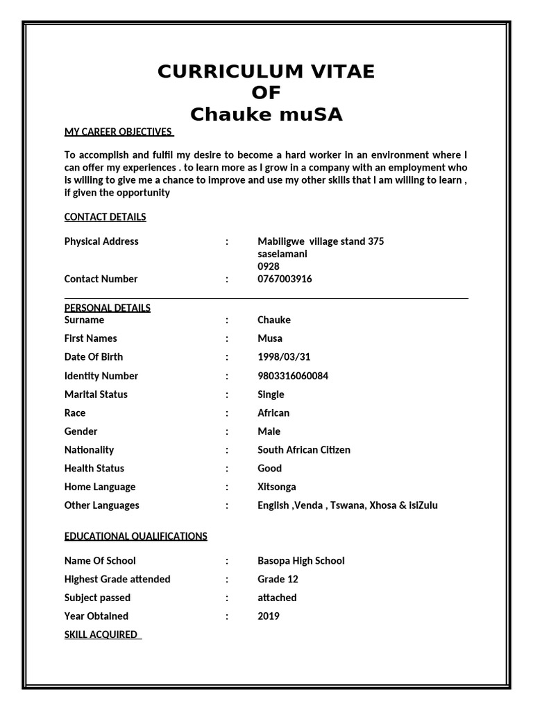 Chauke Musa's CV and Career Objectives | PDF