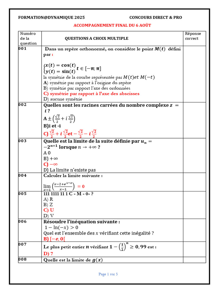 Questions de Concours 2025 en Mathématiques et Culture Générale | PDF