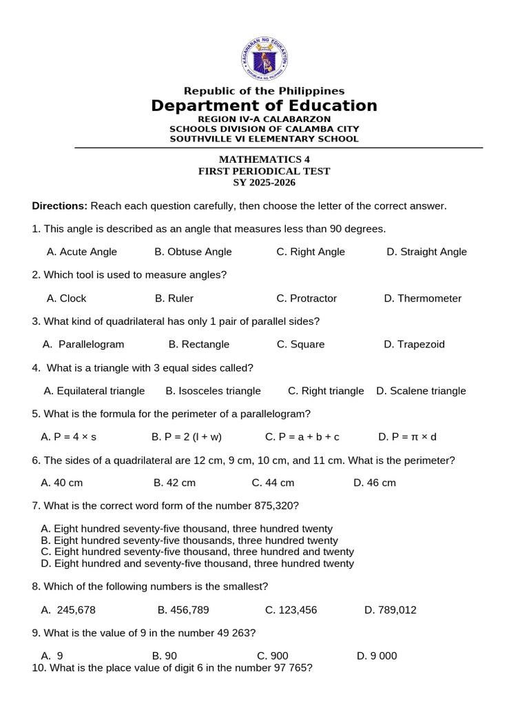 1st Quarterly Exam Mathematics 2025-2026 | PDF | Triangle | Elementary ...