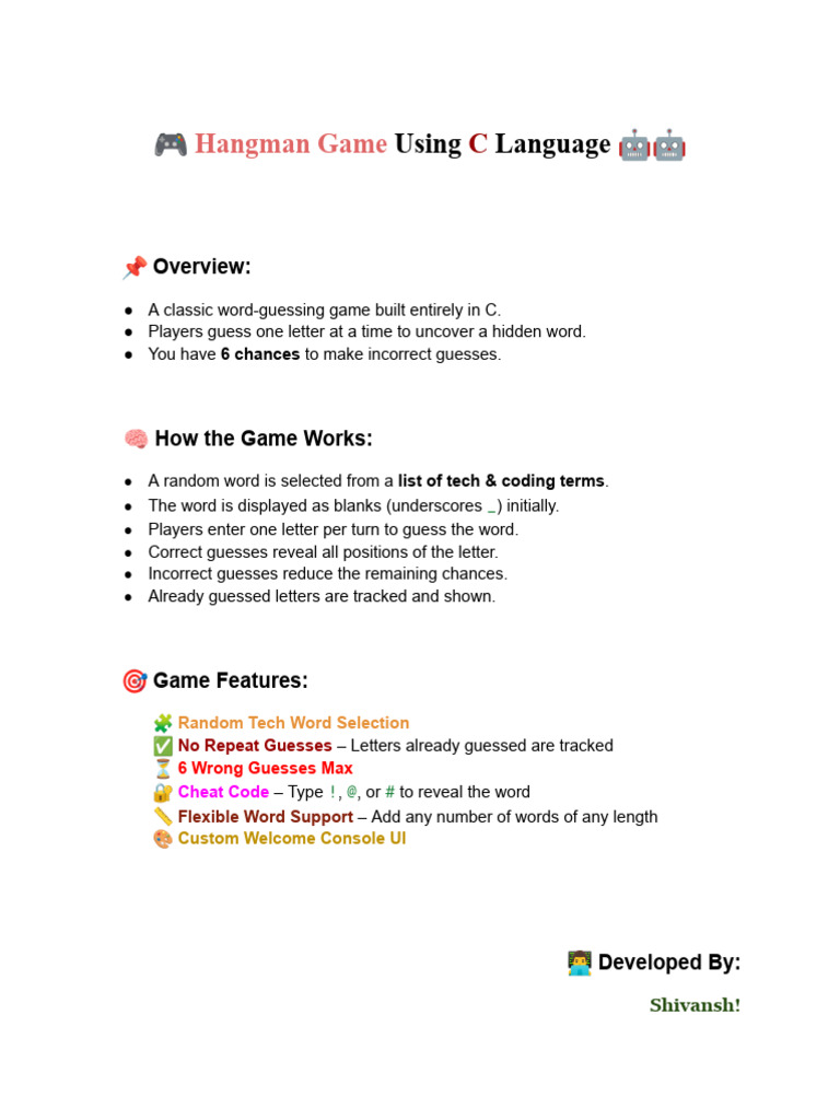 Hangman Game in C - Description & Code (By Shivansh) | PDF | Computer Programming | Software ...