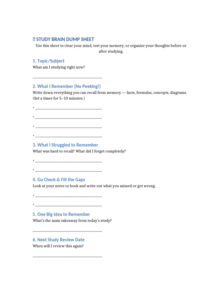 Brain Dump Study Sheet Template | PDF