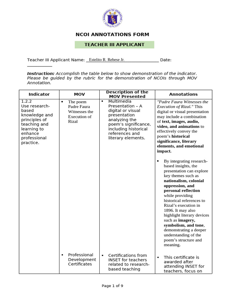 NCOI Annotations Form For Teacher III Applicant | PDF | Educational ...