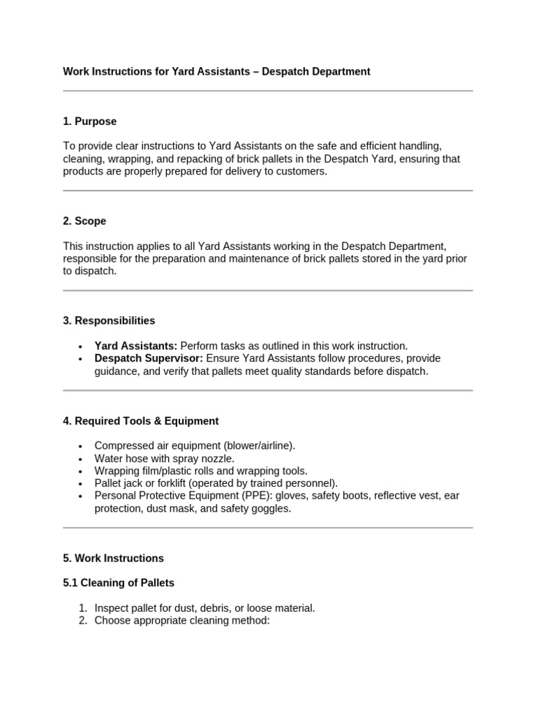 Yard Assistant Work Instructions: Despatch | PDF | Pallet | Brick