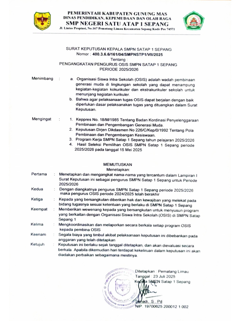 SK Pengurus OSIS 2025-2026 | PDF