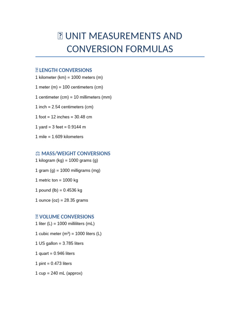 Unit Measurements Conversions | PDF