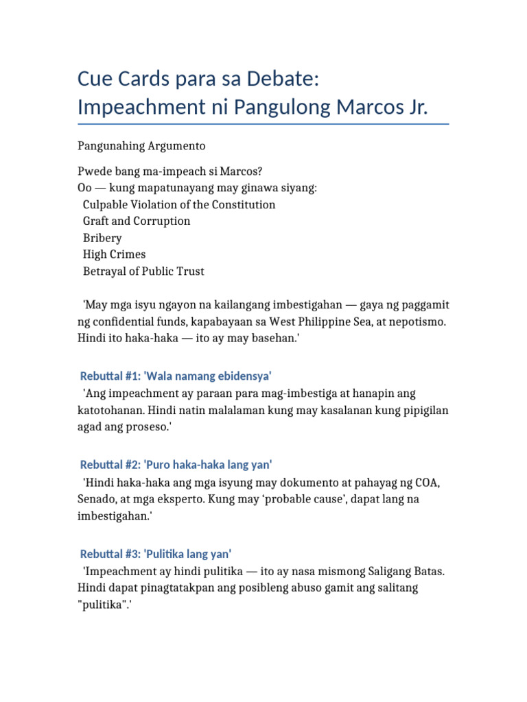 Cue Cards Impeachment Marcos Tagalog | PDF