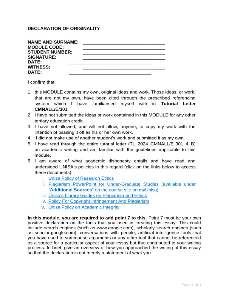 UNISA Declaration of Originality Form | PDF