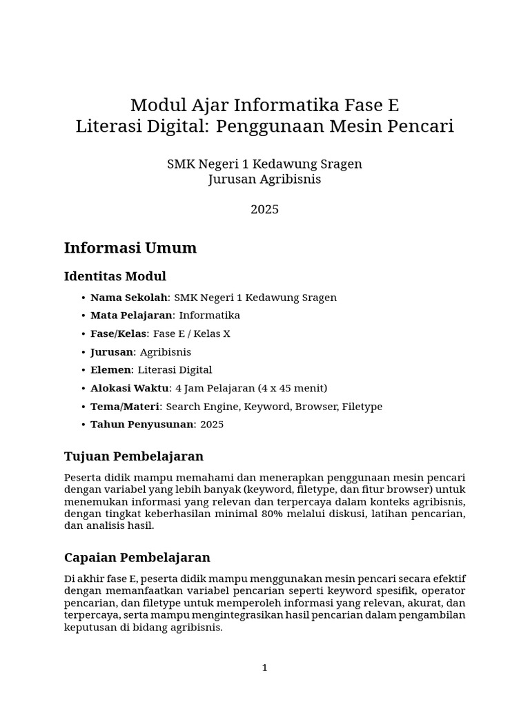 Modul Ajar Penggunaan Mesin Pencari | PDF