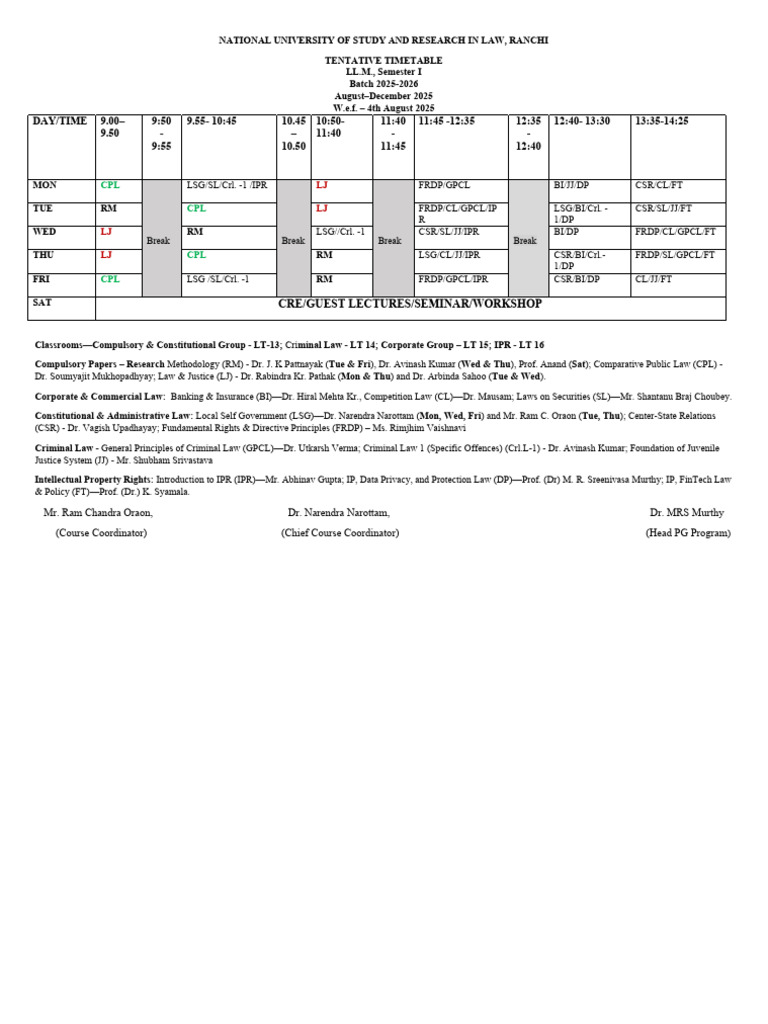 TIME TABLE - LL.M (Ist Sem) Session 2025-2026 (Wef - 4th Aug. 2025 ...