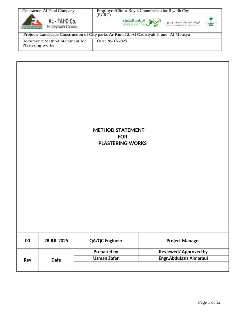 Method Statement For Plastering Works | PDF | Occupational Safety And Health | Plaster