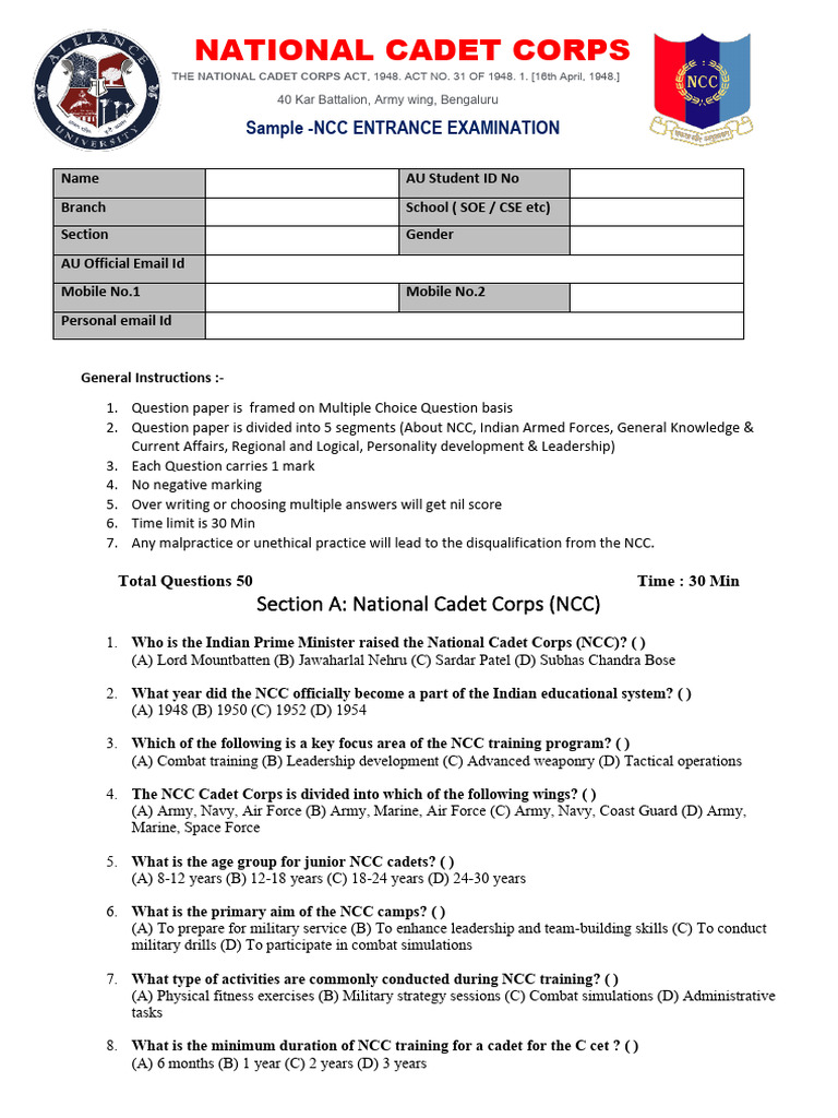 Sample NCC Question Paper | PDF | Communication | Nonverbal Communication