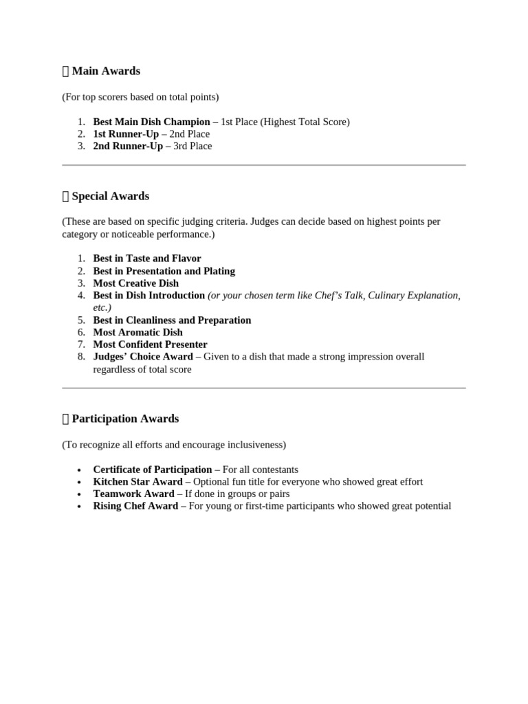 Cooking Competition Award Categories | PDF