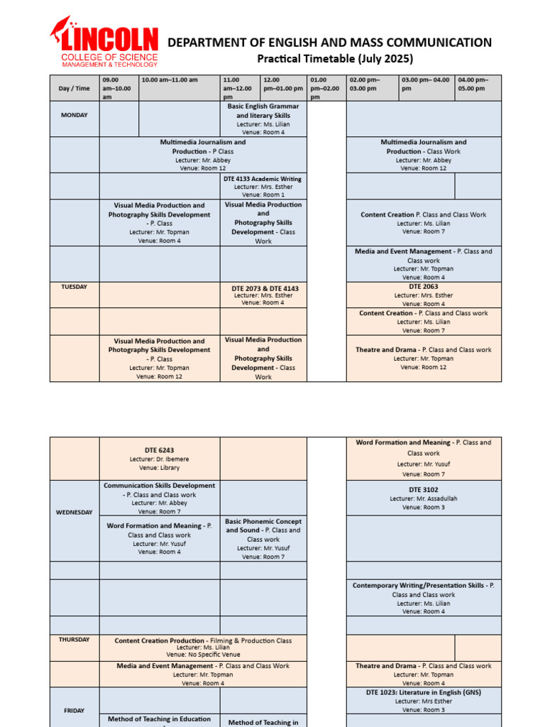 EMC Practical Timetable July 2025 New | PDF | Human Communication | Linguistics