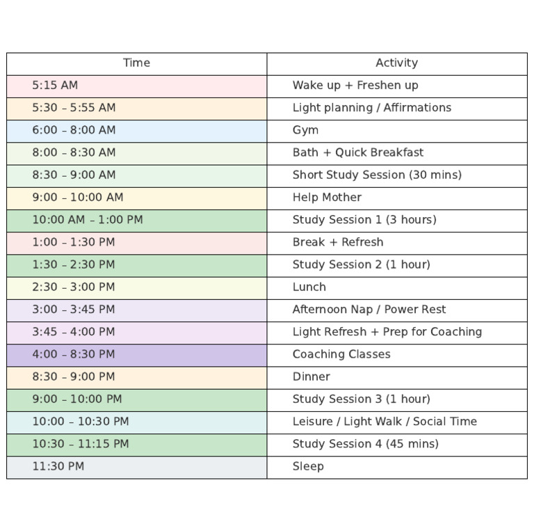 Daily Timetable Color Coded | PDF