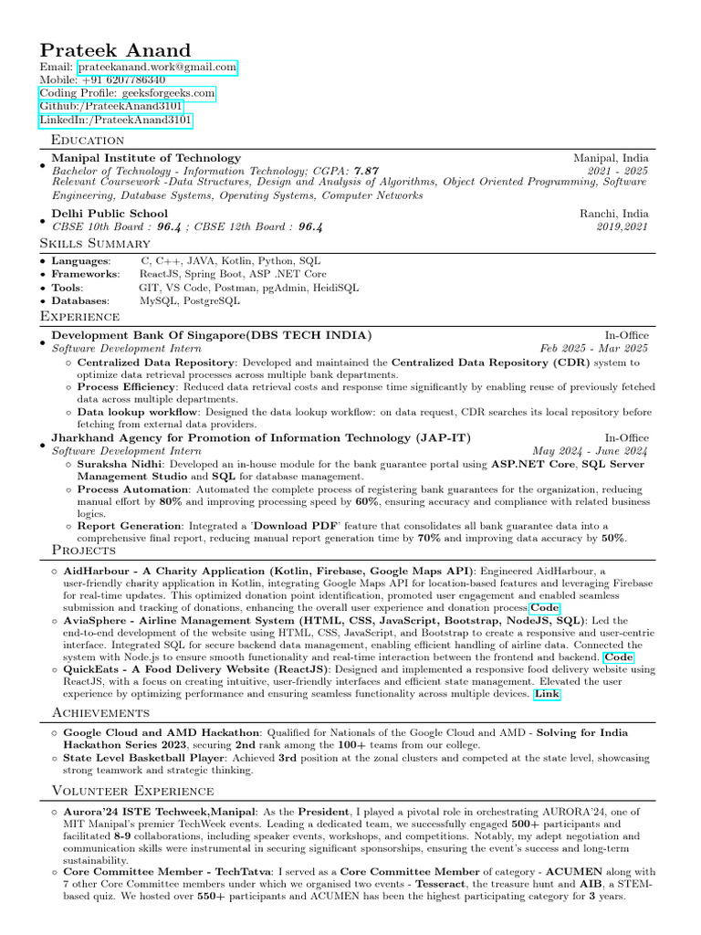Prateek Anand Resume 2025 1 | PDF | Postgre Sql | Databases