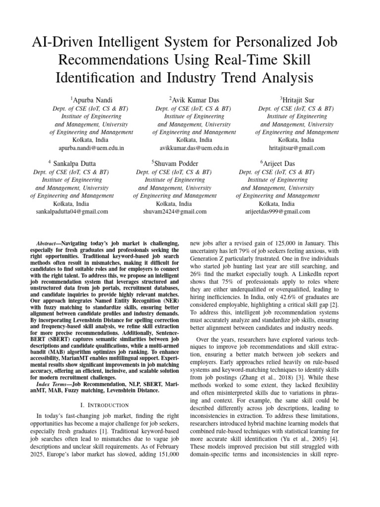 AI Driven Intelligent System For Personalized Job Recommendations Using ...