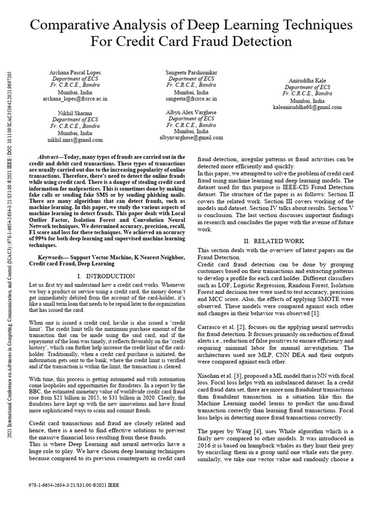 Comparative Analysis of Deep Learning Techniques For Credit Card Fraud Detection | PDF | Machine ...