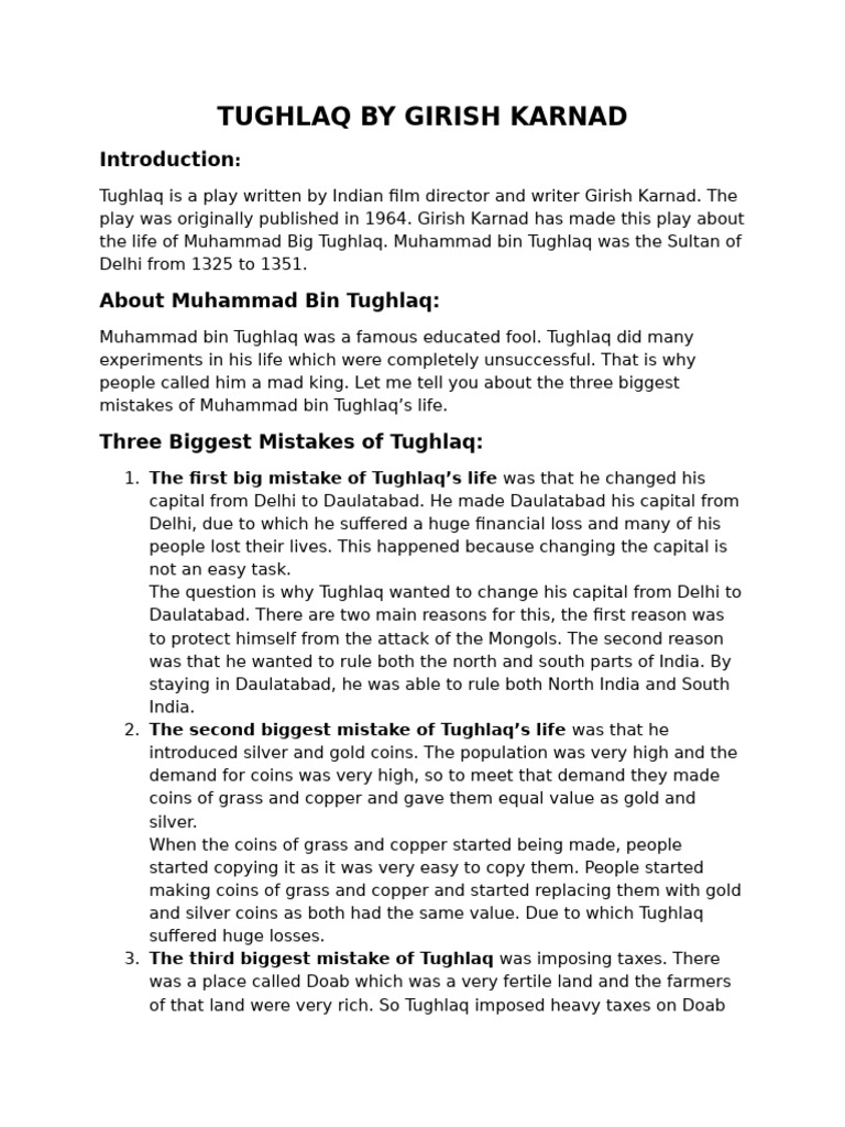 Tughlaq by Girish Karnad | PDF