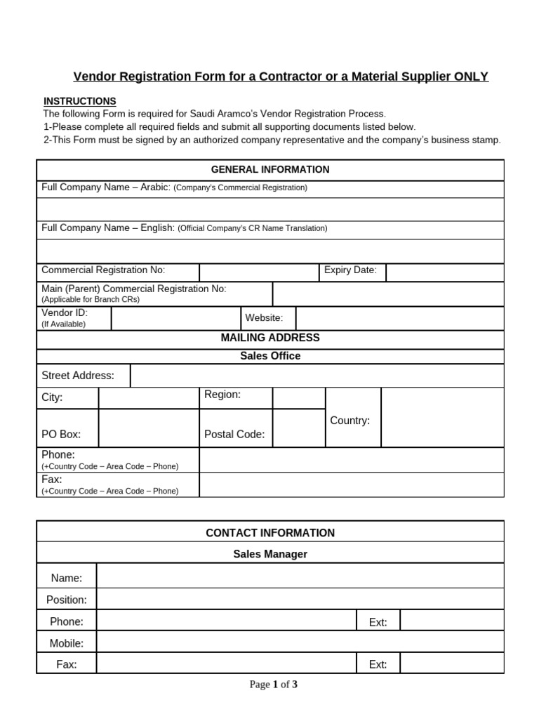 Aramco Vendor Registration Form | PDF