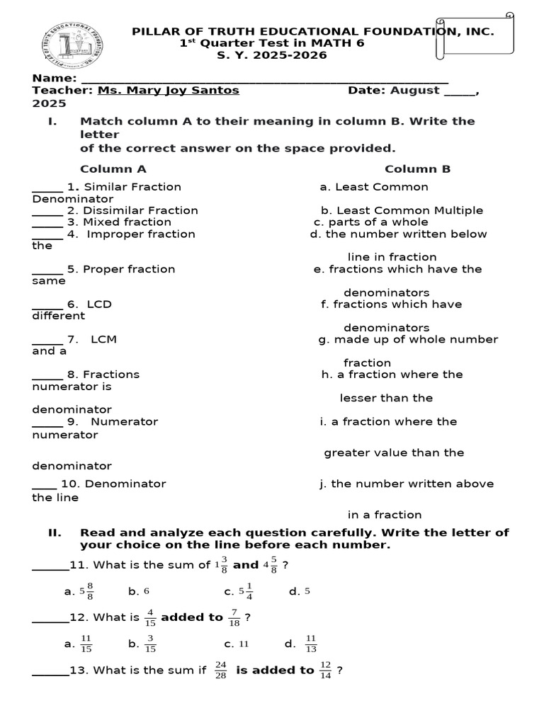 Mathematics 1st Quarter Grade 6 | PDF | Number Theory | Discrete ...